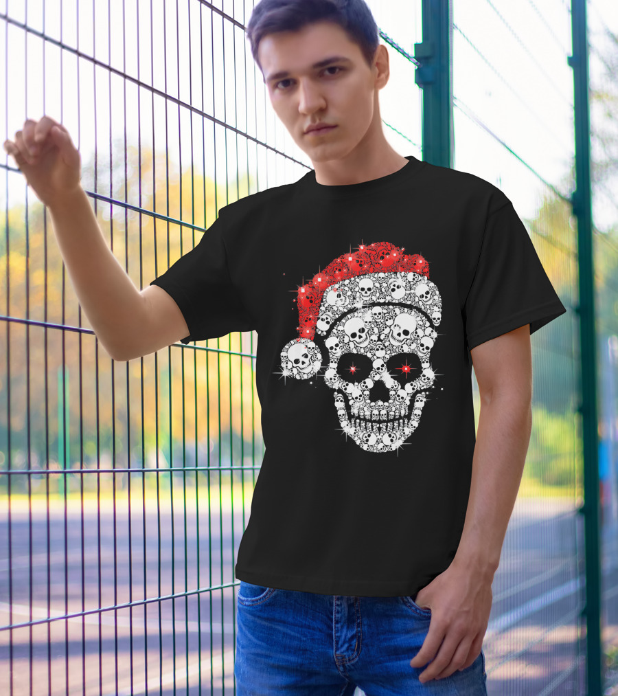 Shiny Skull Rhinestone Santa Hat Christmas Skulls T-Shirt