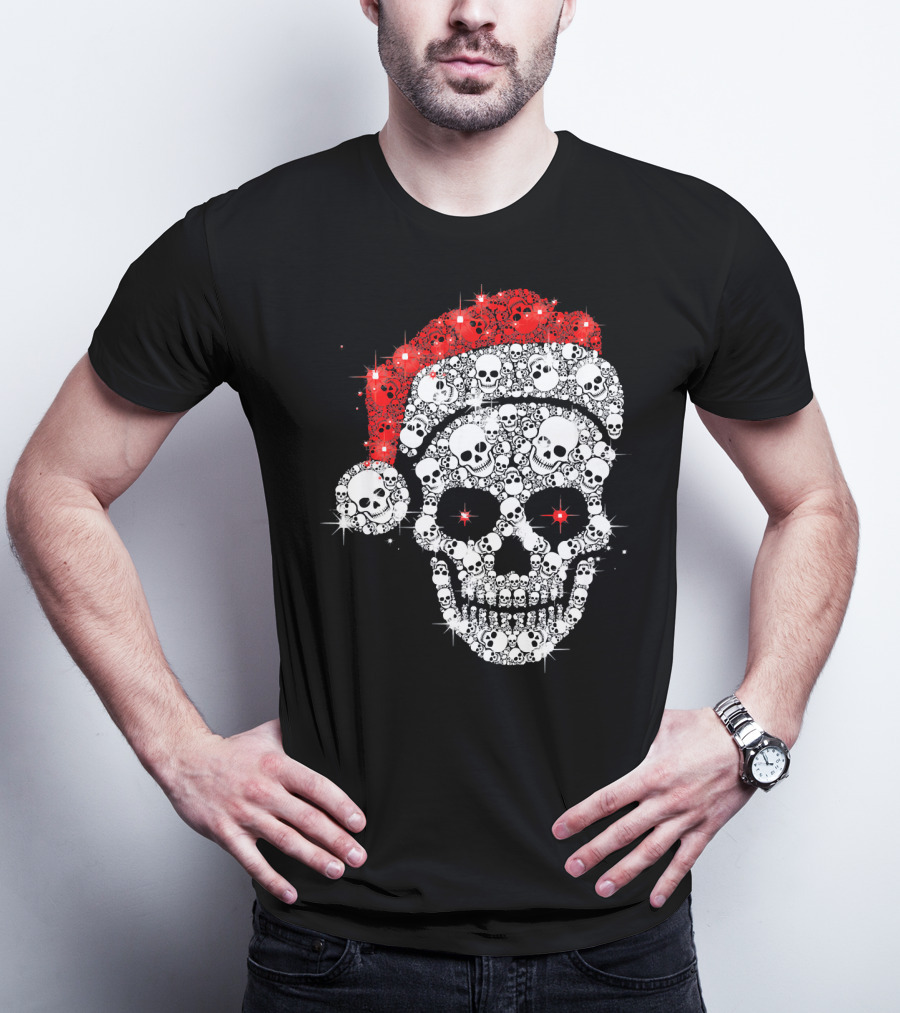 Shiny Skull Rhinestone Santa Hat Christmas Skulls T-Shirt