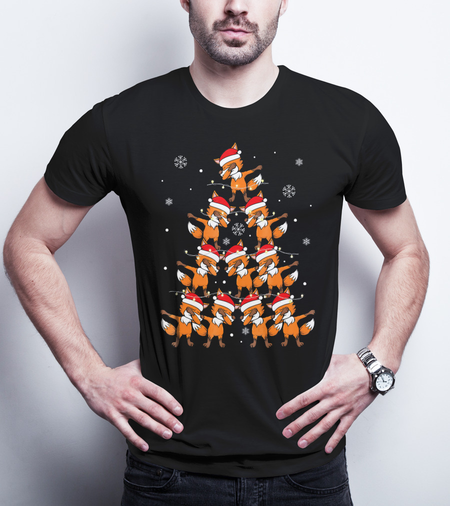 Dabbing Foxes Christmas Tree With Santa Hats And Snowflakes T-Shirt