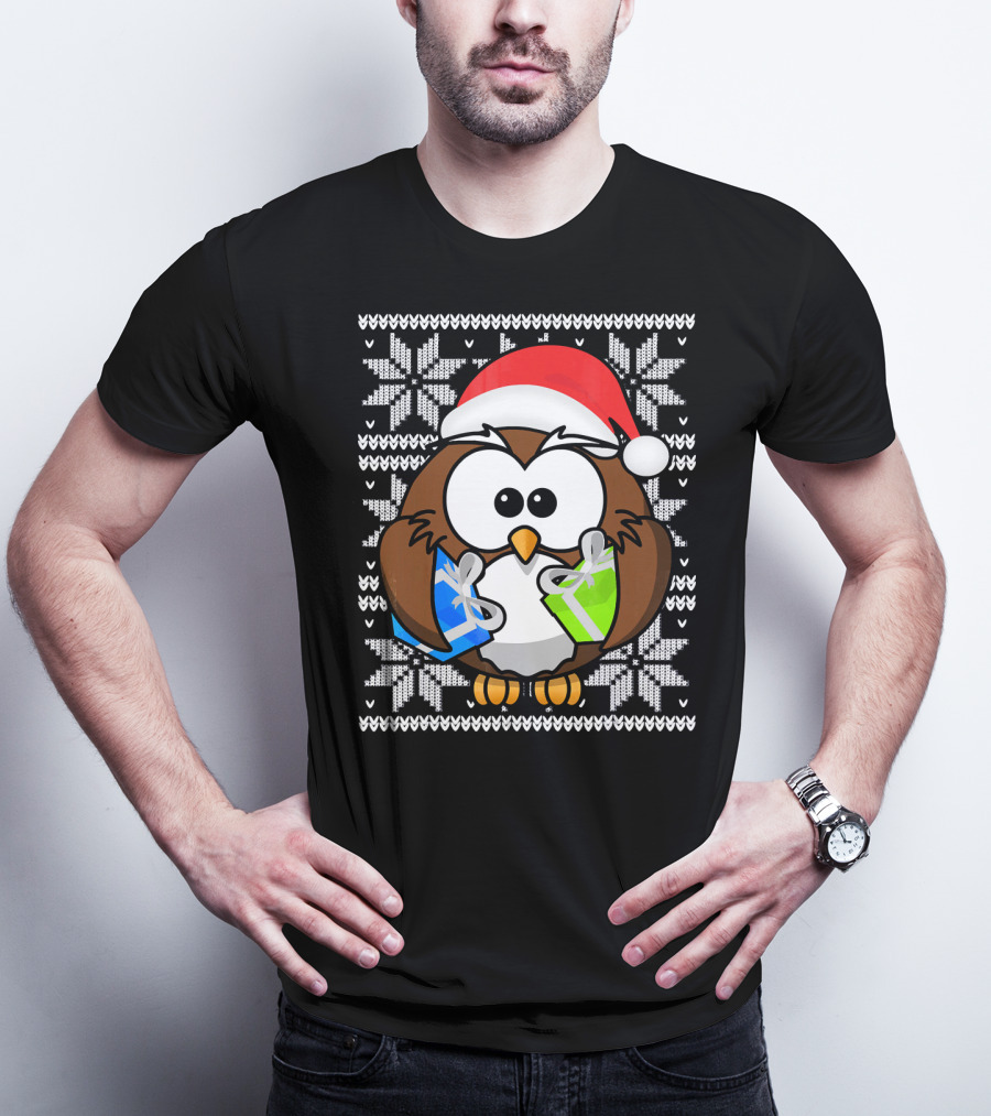 UGLY CHRISTMAS Holiday Owl With Santa Hat And Gifts T-Shirt