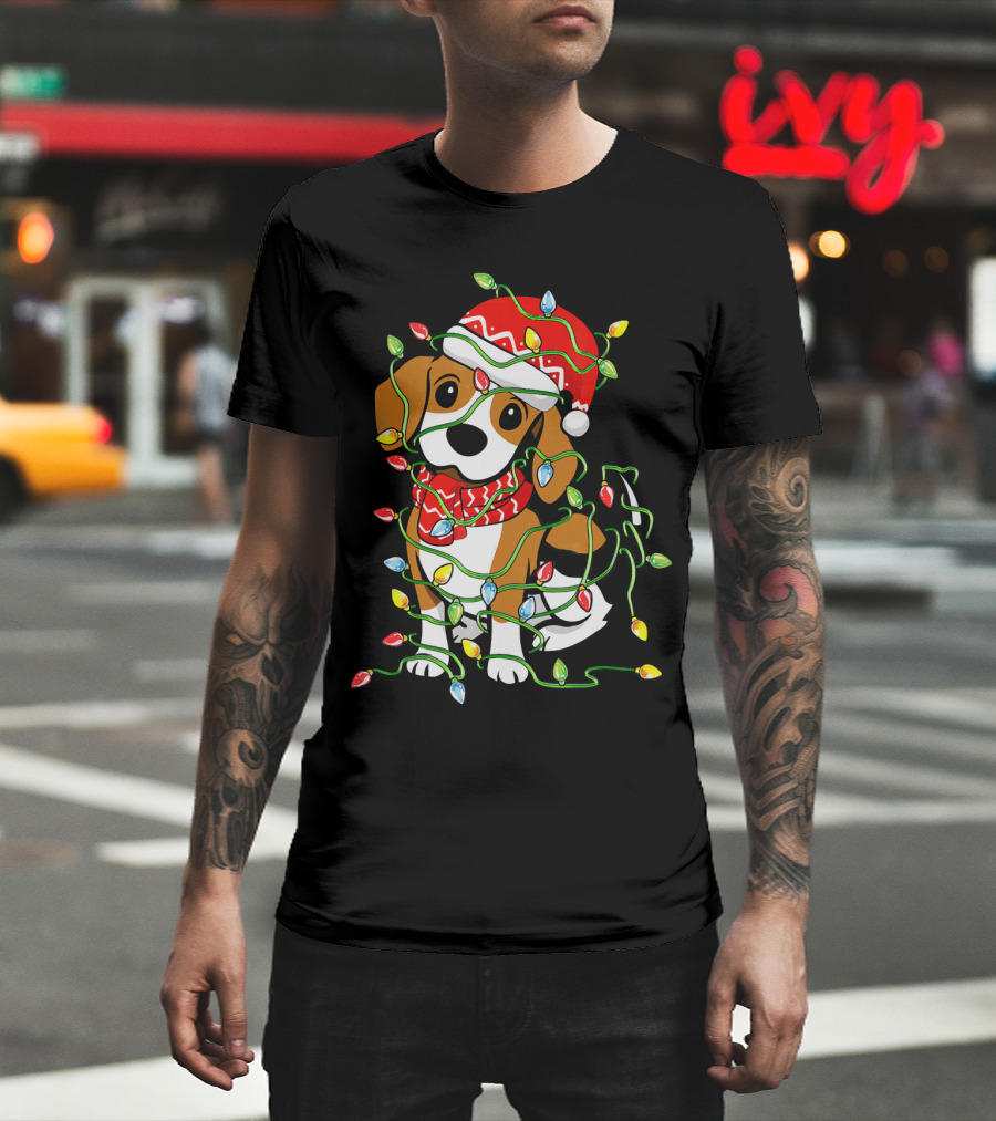 Beagle Wrapped In Christmas Lights Wearing Santa Hat T-Shirt