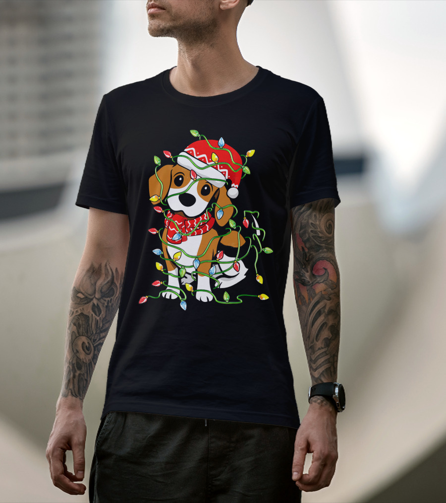 Beagle Wrapped In Christmas Lights Wearing Santa Hat T-Shirt