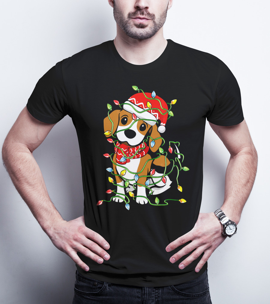 Beagle Wrapped In Christmas Lights Wearing Santa Hat T-Shirt