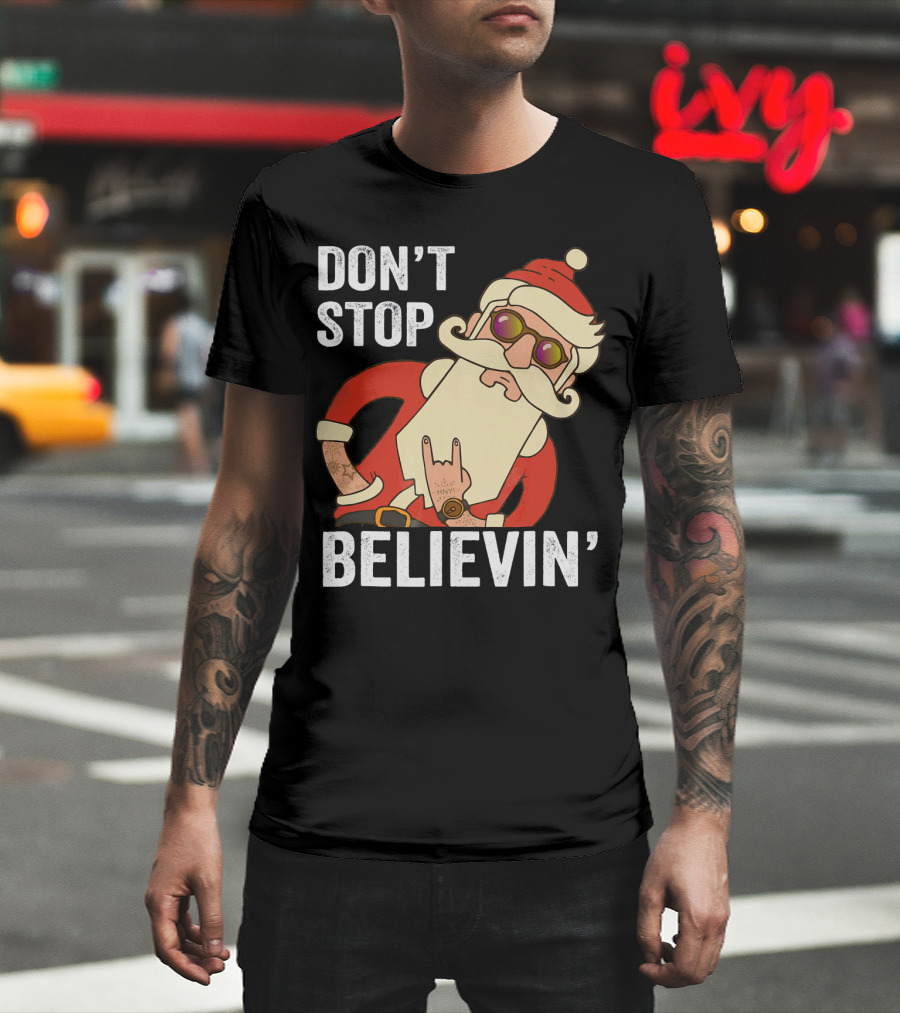Don't Stop Believin' Santa Rock Hand Gesture T-Shirt