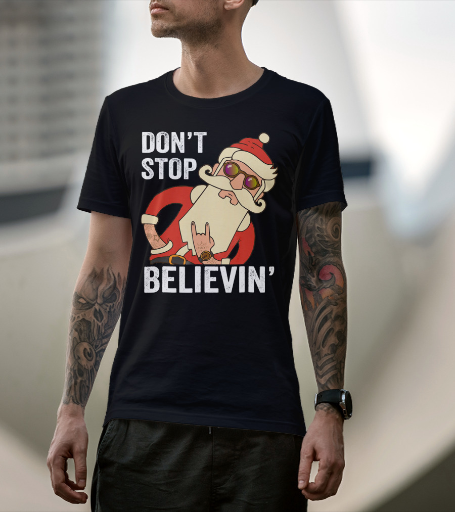 Don't Stop Believin' Santa Rock Hand Gesture T-Shirt