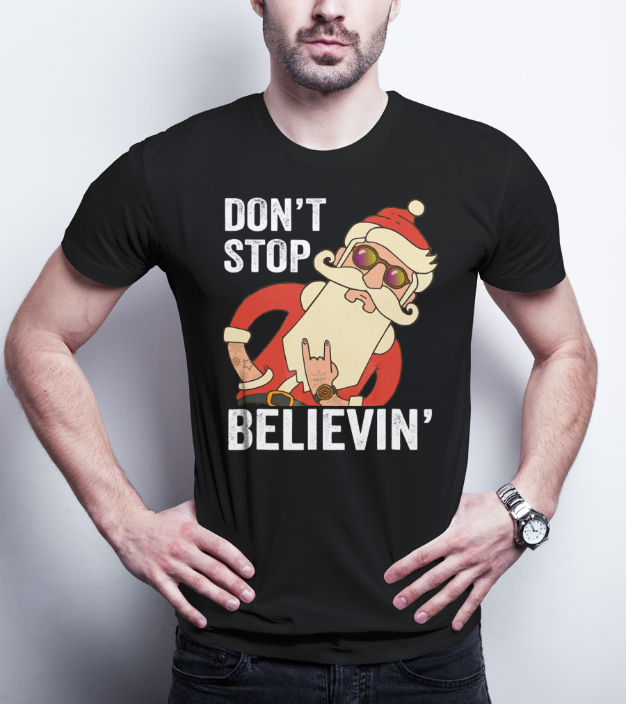 Don't Stop Believin' Santa Rock Hand Gesture T-Shirt