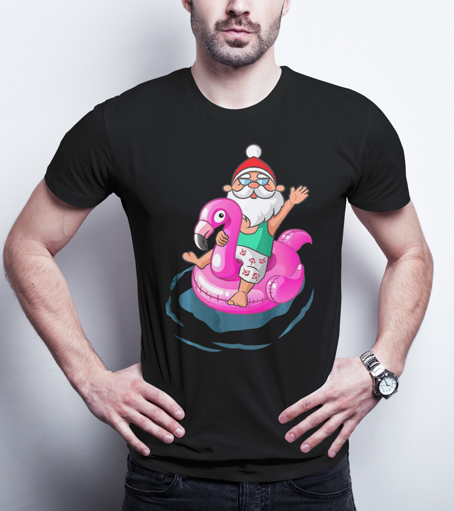 Christmas In July Santa Riding Flamingo Float In Hawaiian Shorts T-Shirt