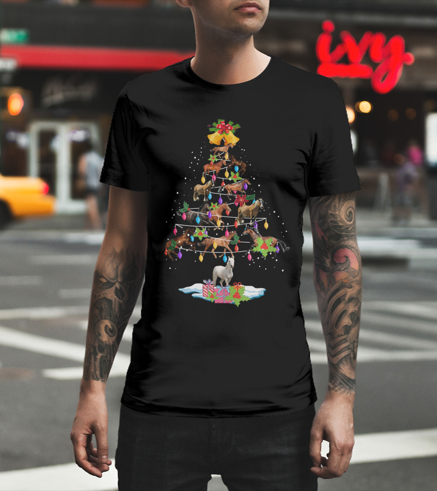 Horse Tree Christmas Candy Cane Ornament Holiday Lights T-Shirt