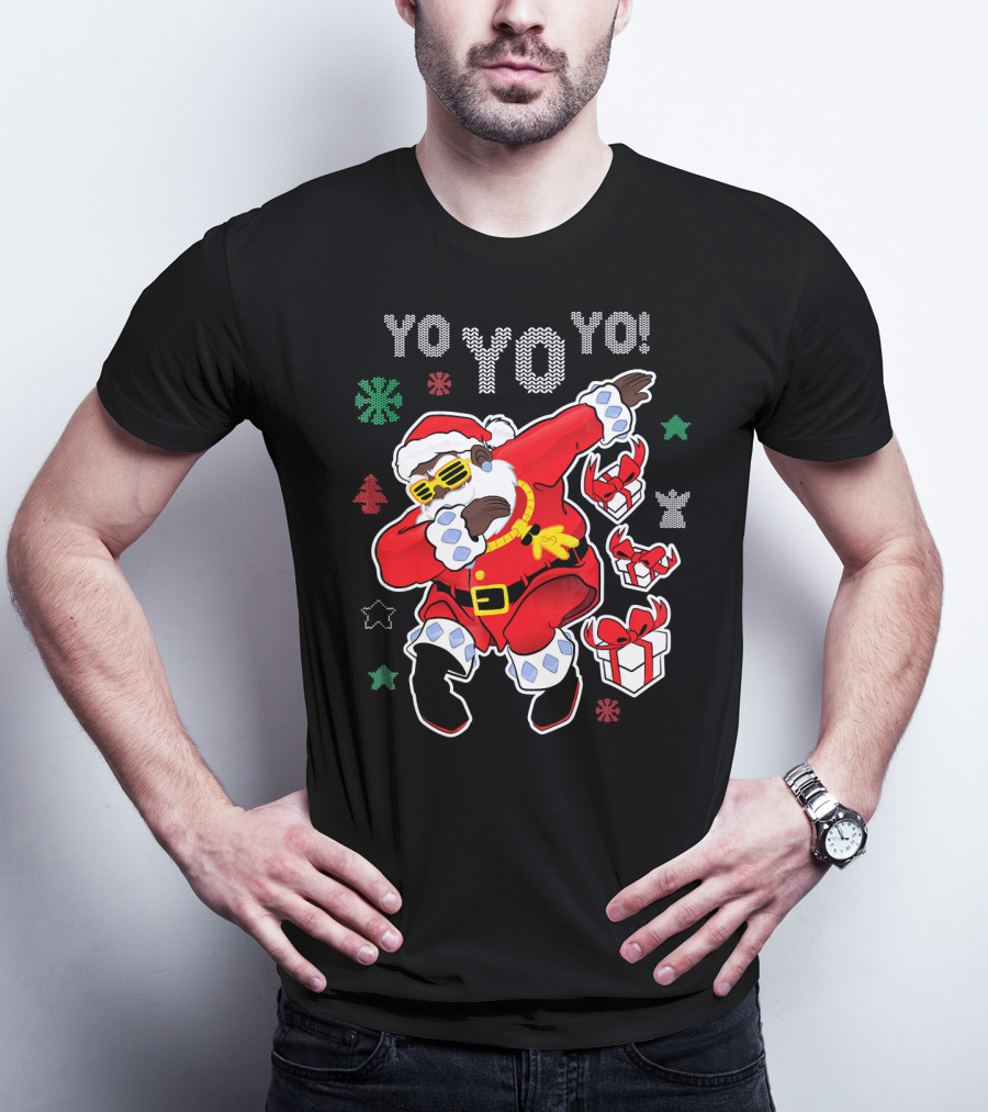 Yo Yo Dabbing Black Santa Claus Christmas Presents T-Shirt