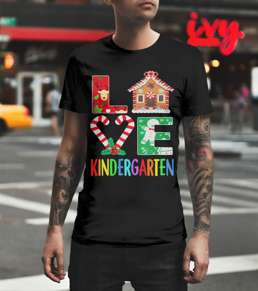 LOVE Kindergarten Christmas Reindeer Gingerbread Candy Cane T-Shirt