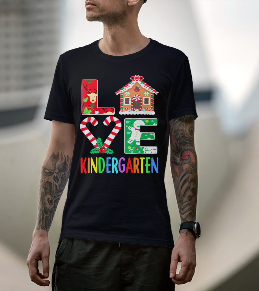 LOVE Kindergarten Christmas Reindeer Gingerbread Candy Cane T-Shirt