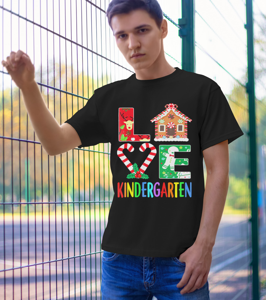 LOVE Kindergarten Christmas Reindeer Gingerbread Candy Cane T-Shirt