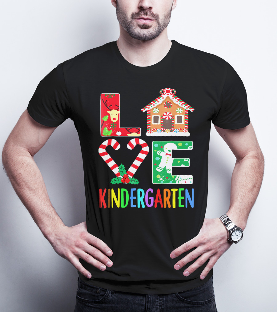 LOVE Kindergarten Christmas Reindeer Gingerbread Candy Cane T-Shirt