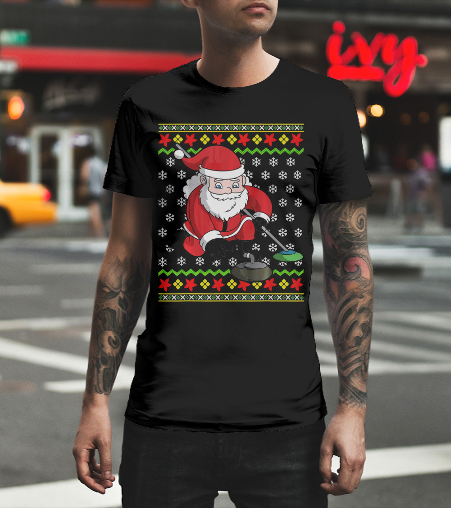 Santa Curling Ugly Christmas Sweater Snowflakes T-Shirt