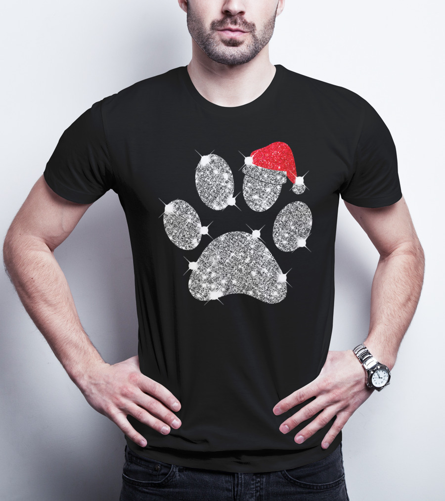 Merry Christmas Paw Santa Hat Sparkle T-Shirt