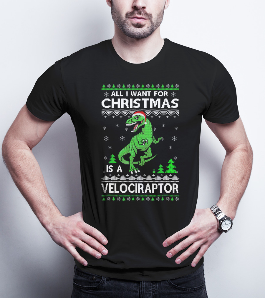 Funny Velociraptor Dinosaur Christmas All I Want Is A Velociraptor T-Shirt