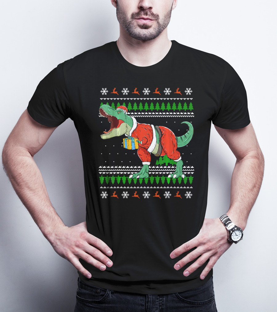 Funny TRex Dino Christmas Santa Holding Gift In Ugly T-Shirt