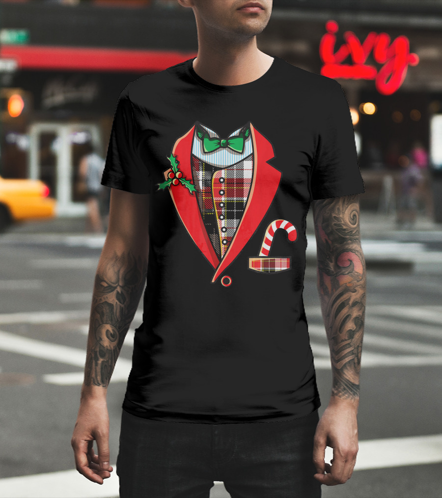 Christmas Tuxedo Plaid Suit Jacket With Green Bow Tie And Candy Cane T-Shirt