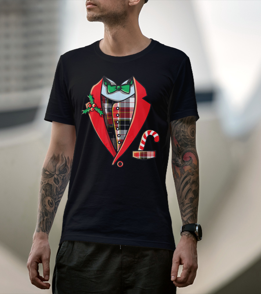 Christmas Tuxedo Plaid Suit Jacket With Green Bow Tie And Candy Cane T-Shirt