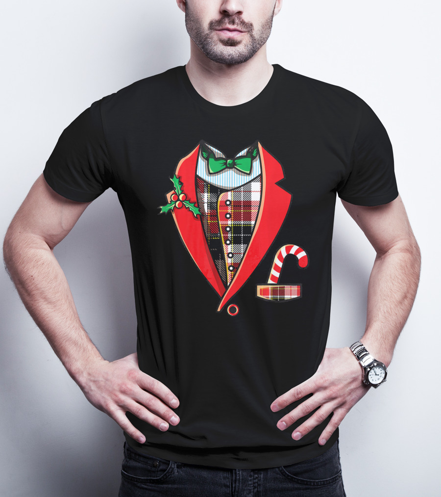 Christmas Tuxedo Plaid Suit Jacket With Green Bow Tie And Candy Cane T-Shirt
