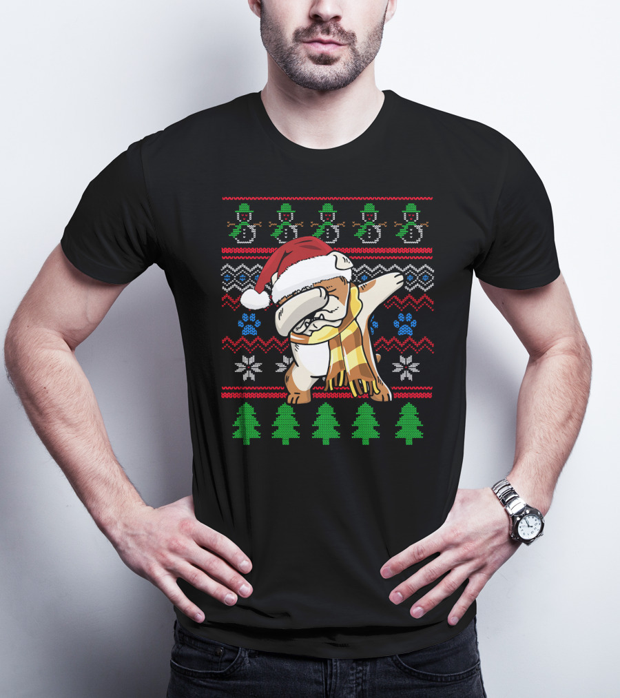 Bulldog Dabbing UglyStyle Santa Hat Christmas Trees Snowmen T-Shirt