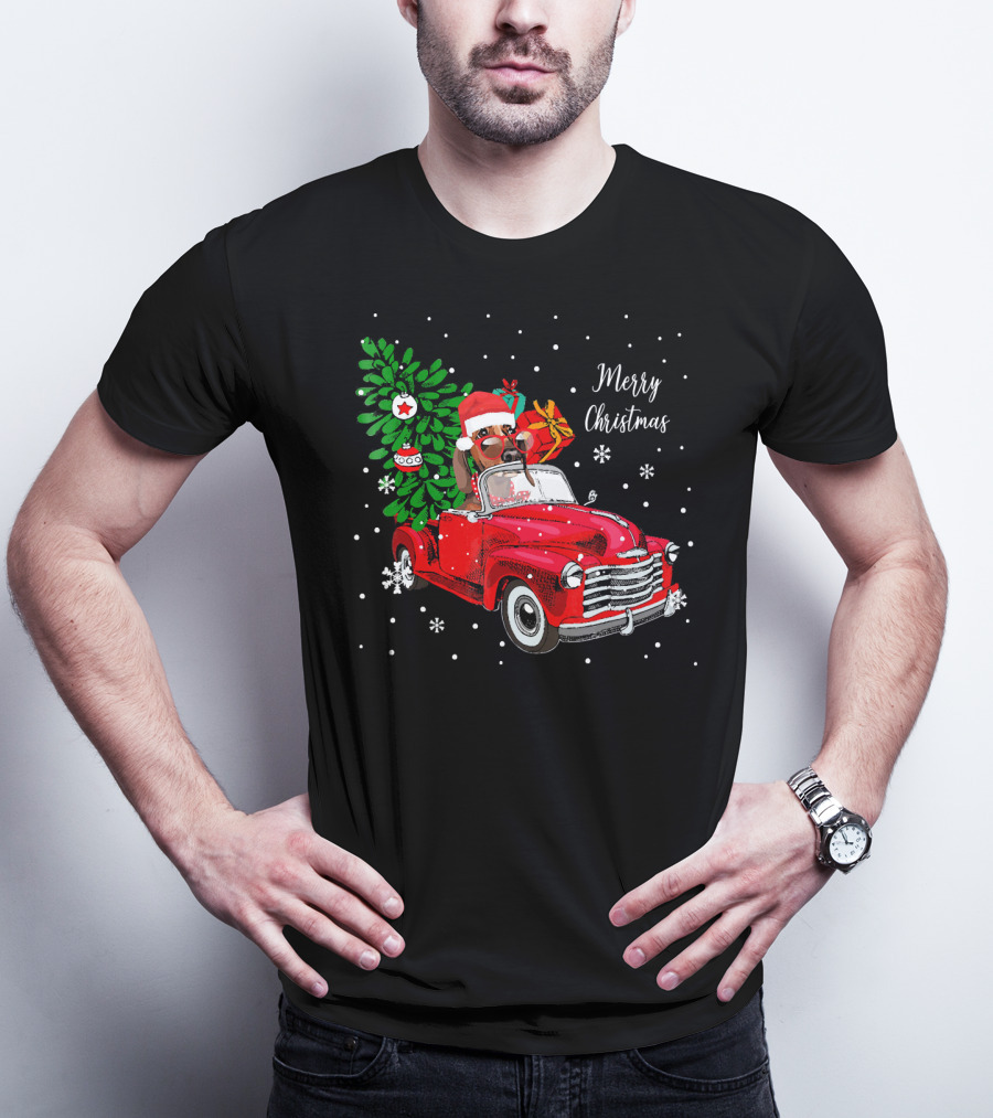 Merry Christmas Santa Dachshund In Red Truck With Gifts And Tree T-Shirt