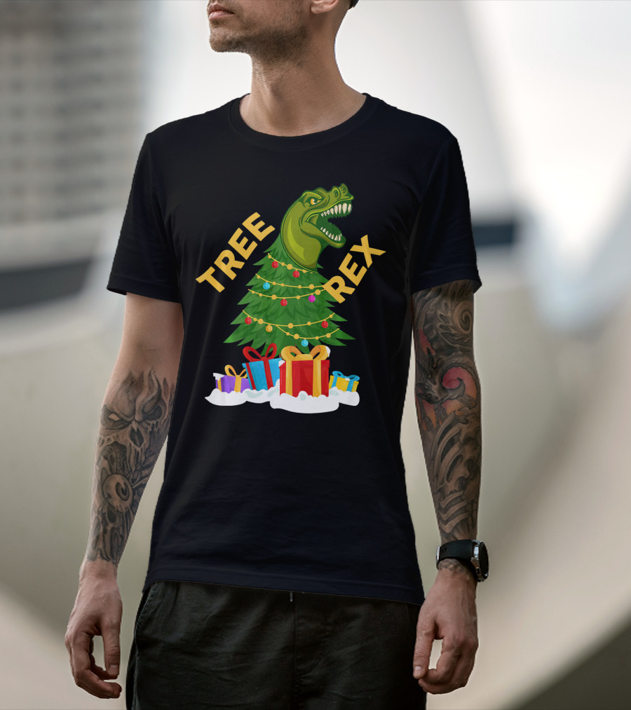 Tree Rex Christmas Dinosaur With Presents And Decorations T-Shirt