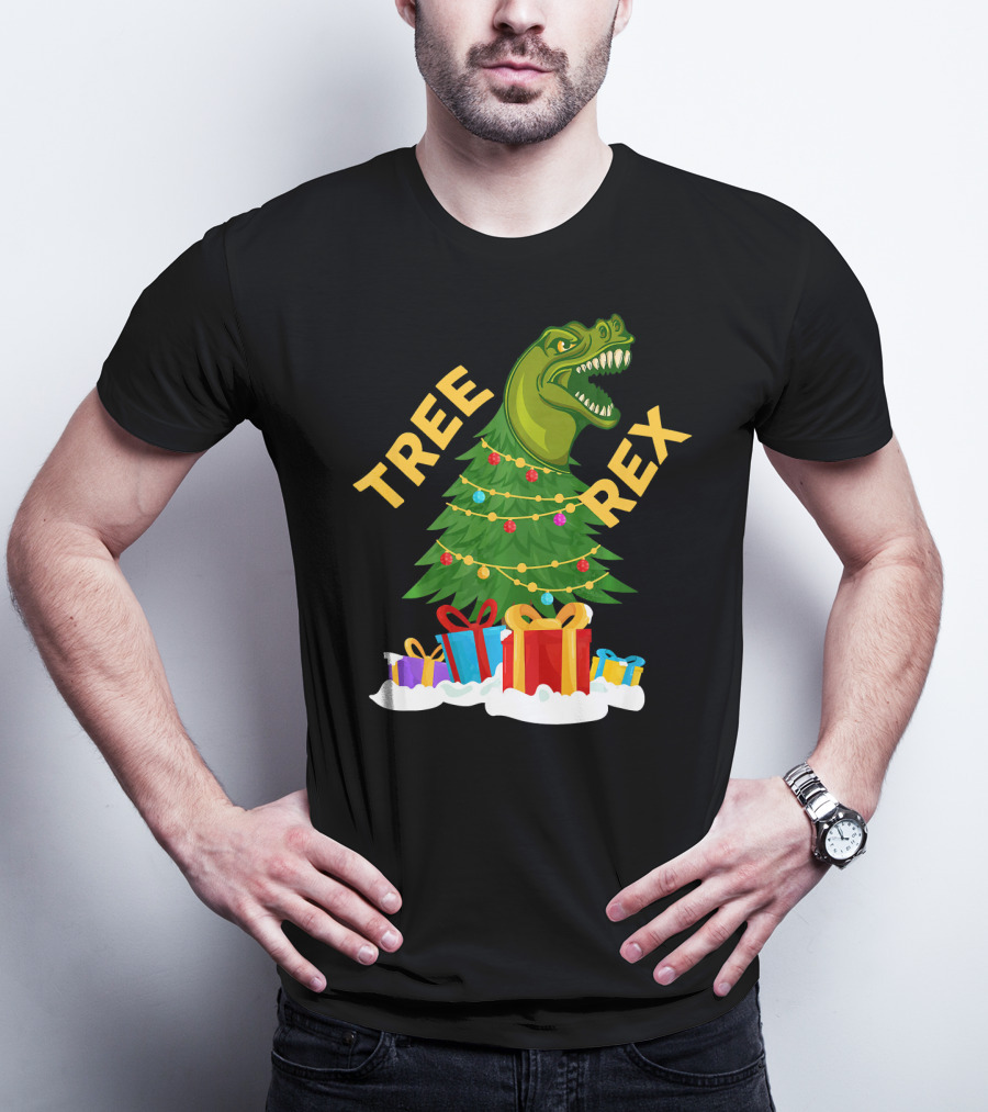 Tree Rex Christmas Dinosaur With Presents And Decorations T-Shirt