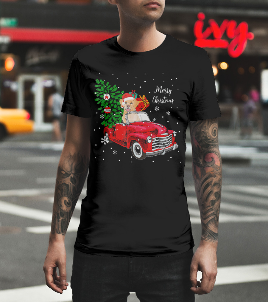 Merry Christmas Santa Labrador Dog Riding Red Truck With Presents And Tree T-Shirt