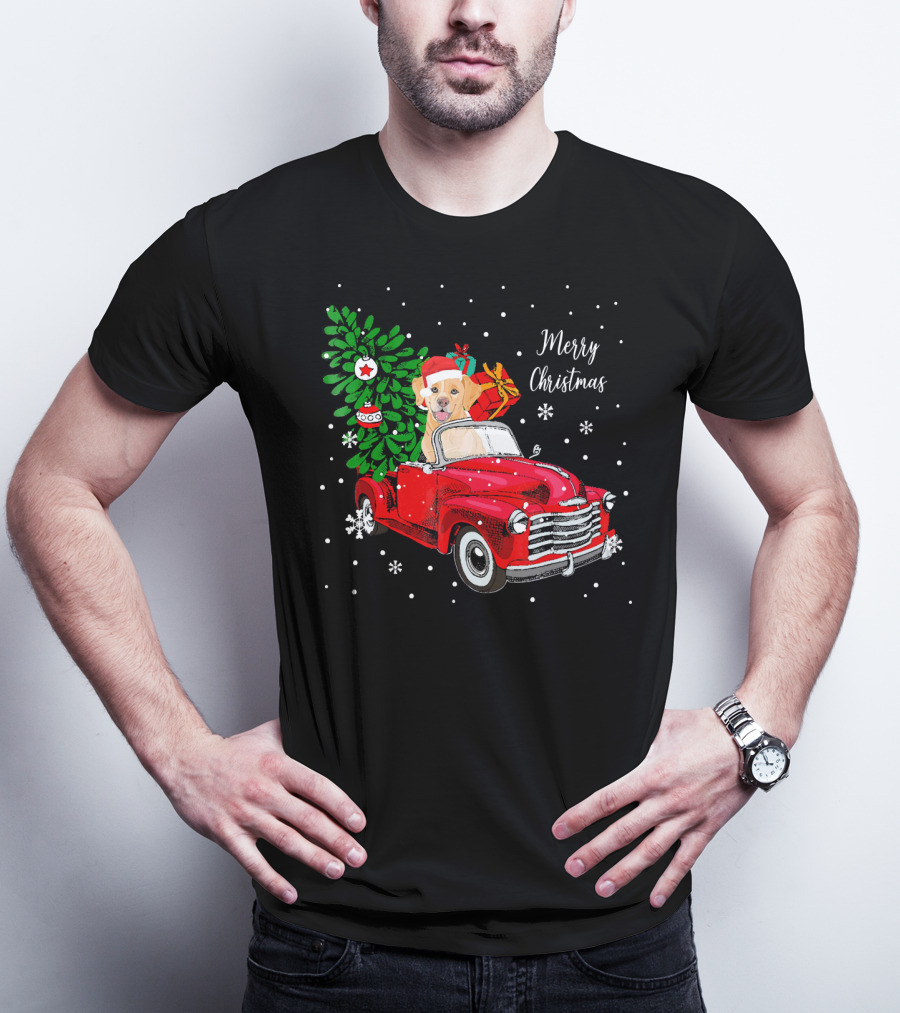 Merry Christmas Santa Labrador Dog Riding Red Truck With Presents And Tree T-Shirt
