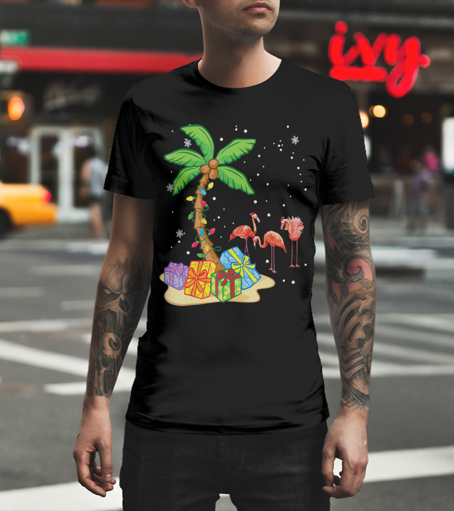Flamingo Christmas Palm Tree Snow Presents T-Shirt