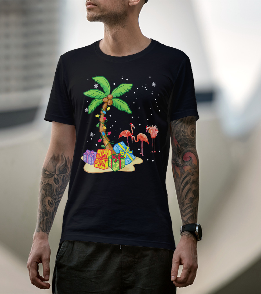 Flamingo Christmas Palm Tree Snow Presents T-Shirt
