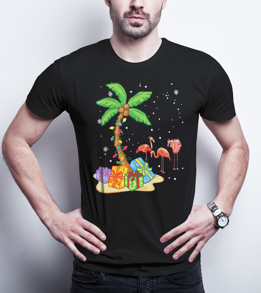 Flamingo Christmas Palm Tree Snow Presents T-Shirt