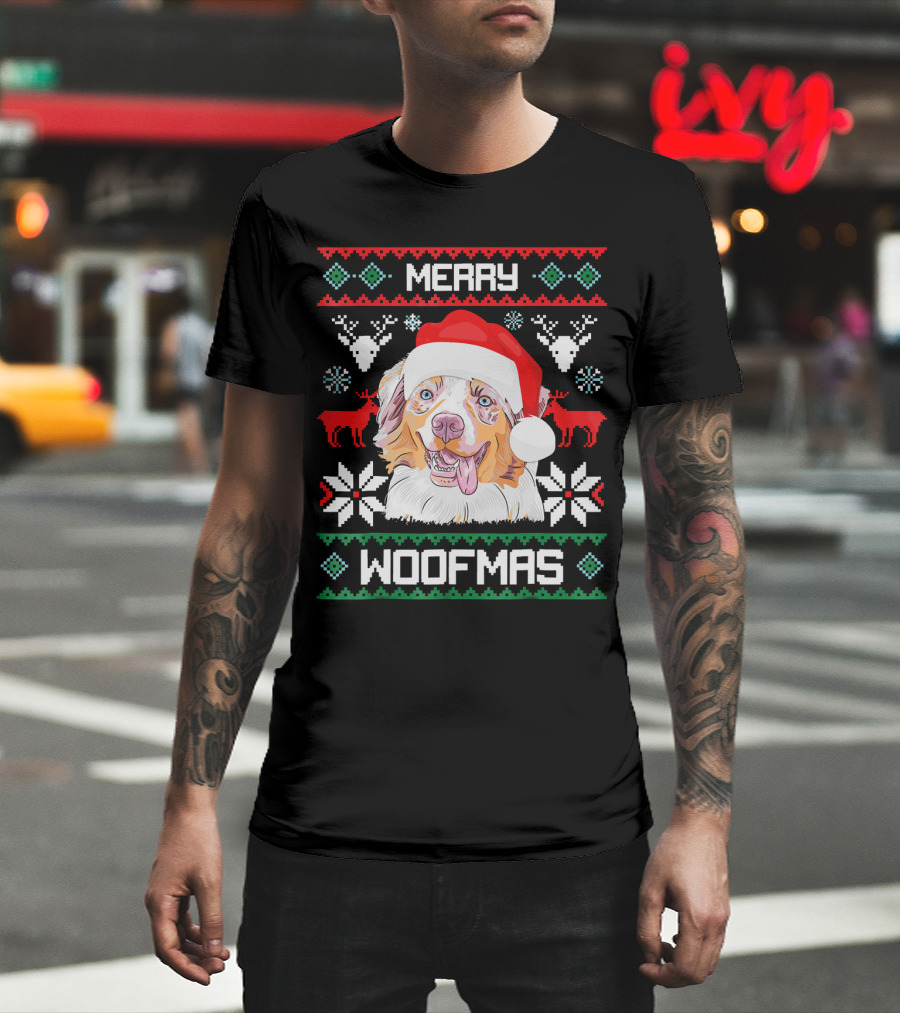 Merry Woofmas Australian Shepherd With Santa Hat And Christmas Motifs T-Shirt
