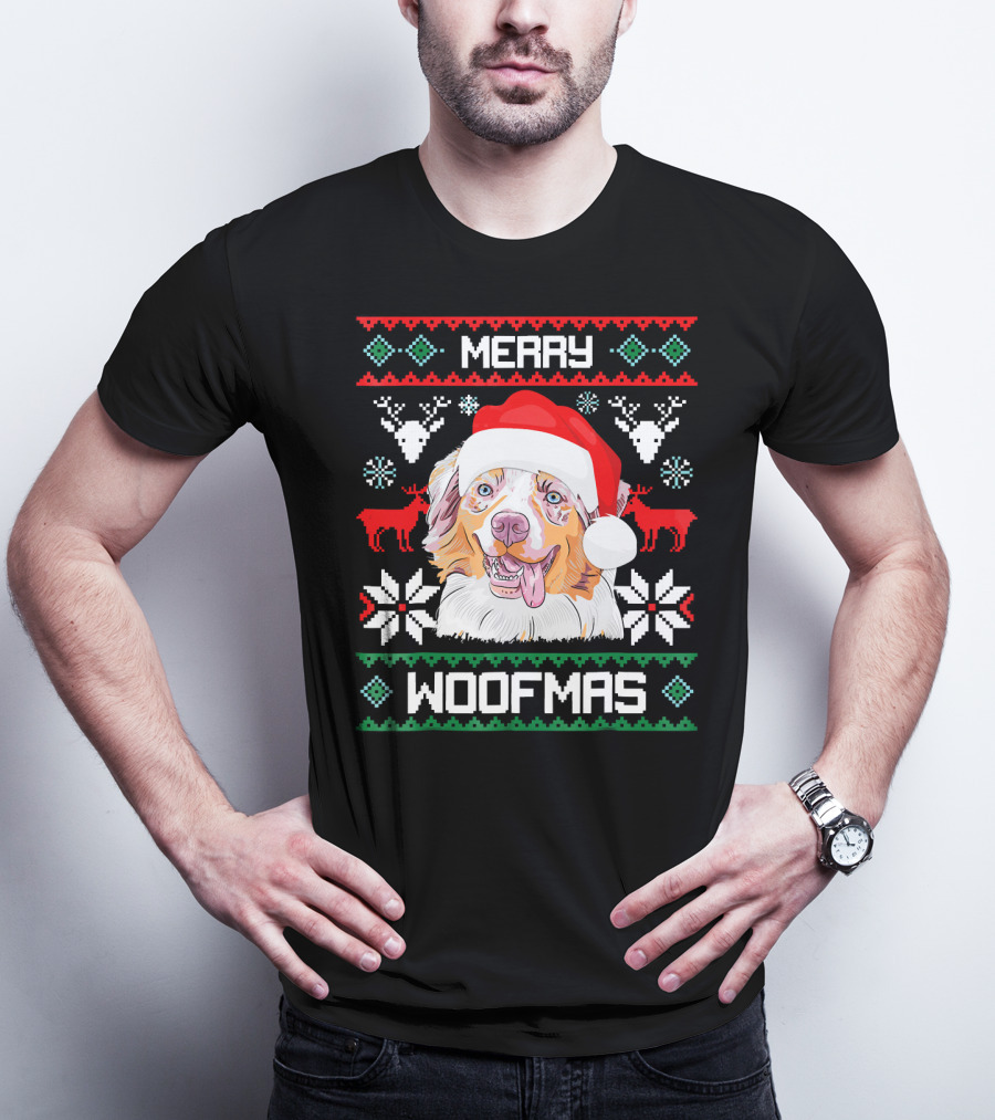 Merry Woofmas Australian Shepherd With Santa Hat And Christmas Motifs T-Shirt