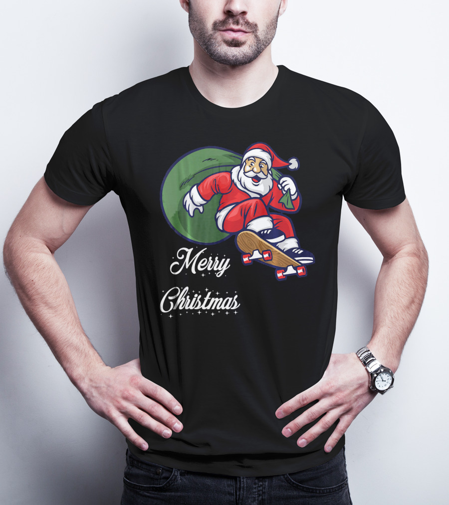 Merry Christmas Santa Claus Skating With Gift Sack T-Shirt
