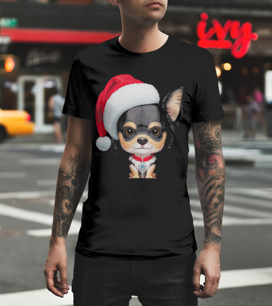 Festive Black And Tan Long Haired Chihuahua Santa Hat T-Shirt