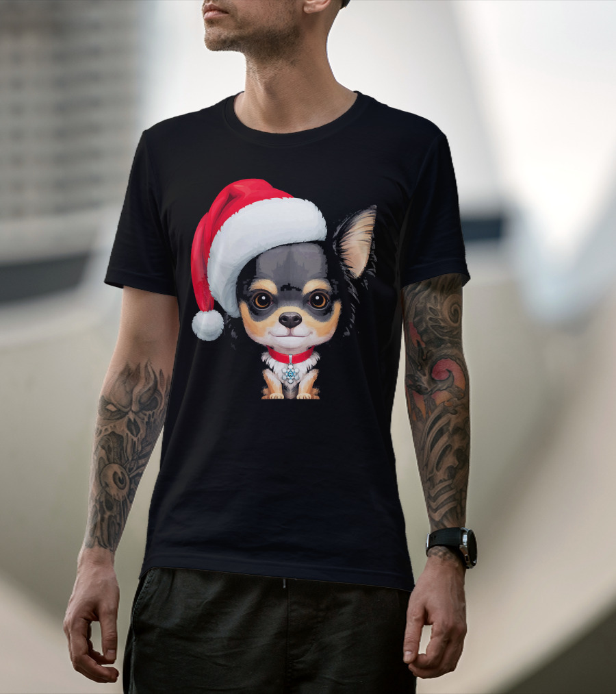 Festive Black And Tan Long Haired Chihuahua Santa Hat T-Shirt