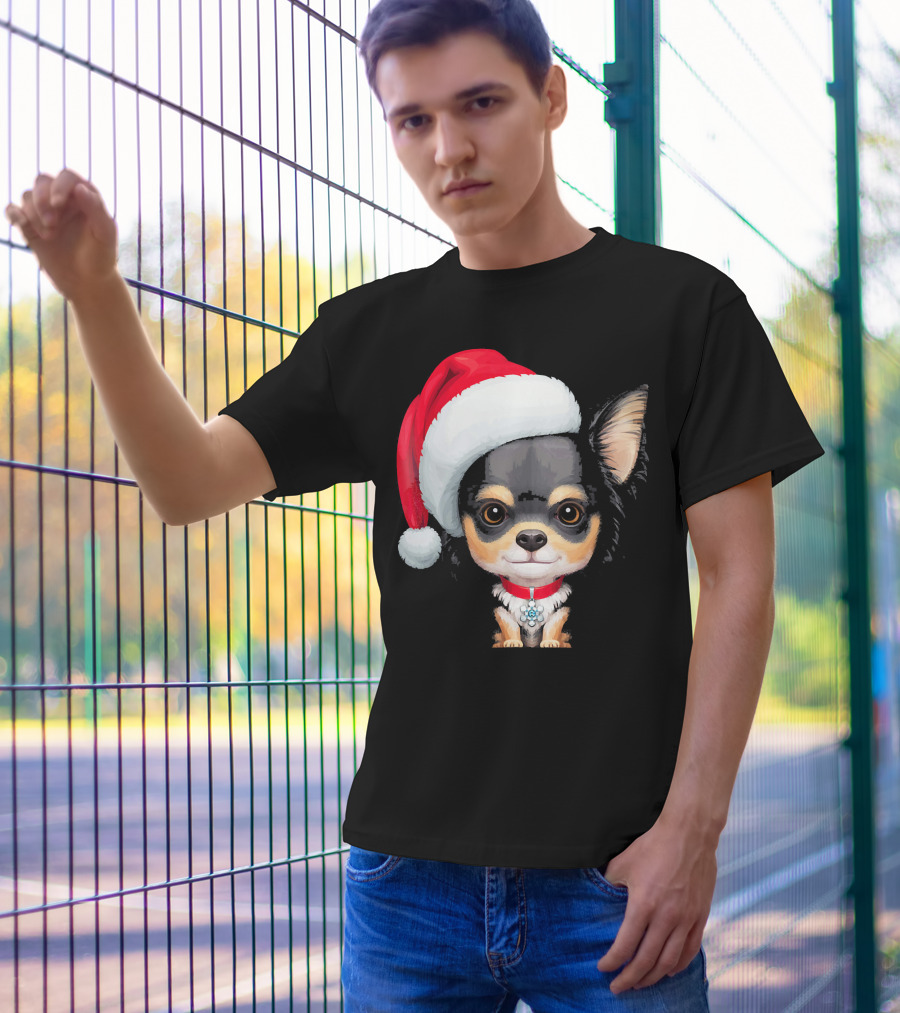 Festive Black And Tan Long Haired Chihuahua Santa Hat T-Shirt