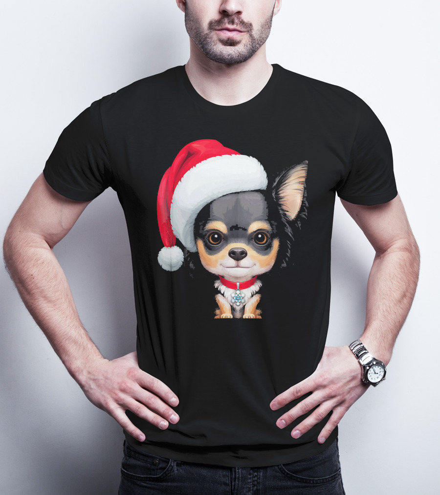 Festive Black And Tan Long Haired Chihuahua Santa Hat T-Shirt