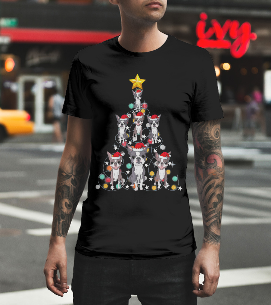 Santa Boston Terrier Christmas Tree Star Puppies T-Shirt