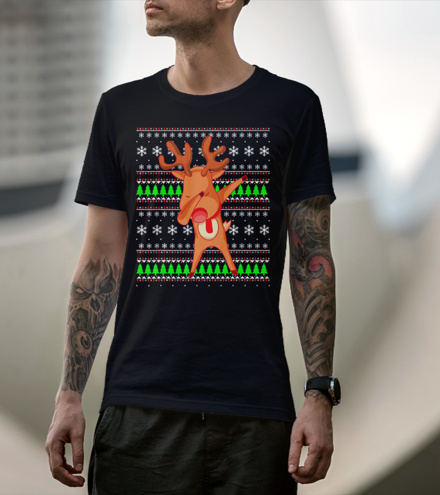 Dabbing Red Nose Reindeer Snowflakes Christmas Trees Ugly T-Shirt