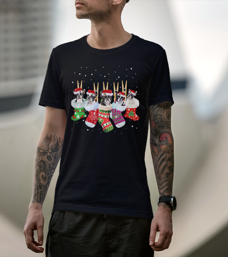 Christmas Boston Terrier Santa Hat Stockings T-Shirt