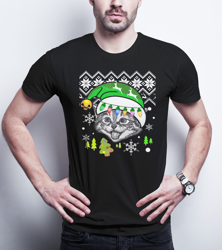 Christmas Cat Reindeer Hat Snowflakes Festive Lights T-Shirt