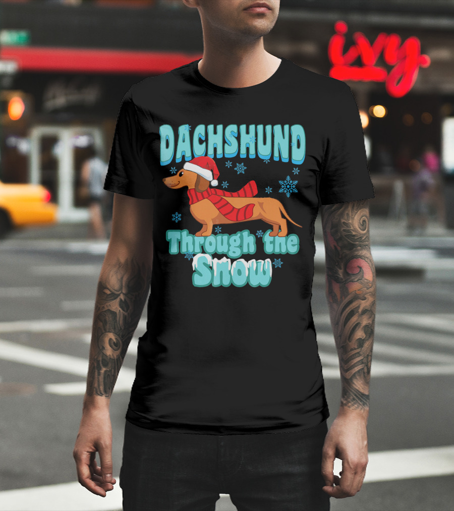 Dachshund Through The Snow Scarf And Santa Hat T-Shirt