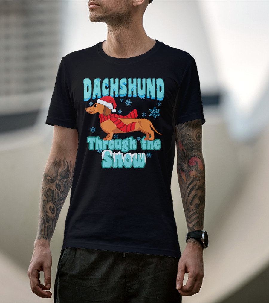 Dachshund Through The Snow Scarf And Santa Hat T-Shirt