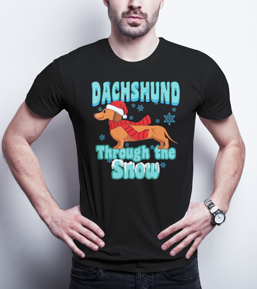 Dachshund Through The Snow Scarf And Santa Hat T-Shirt
