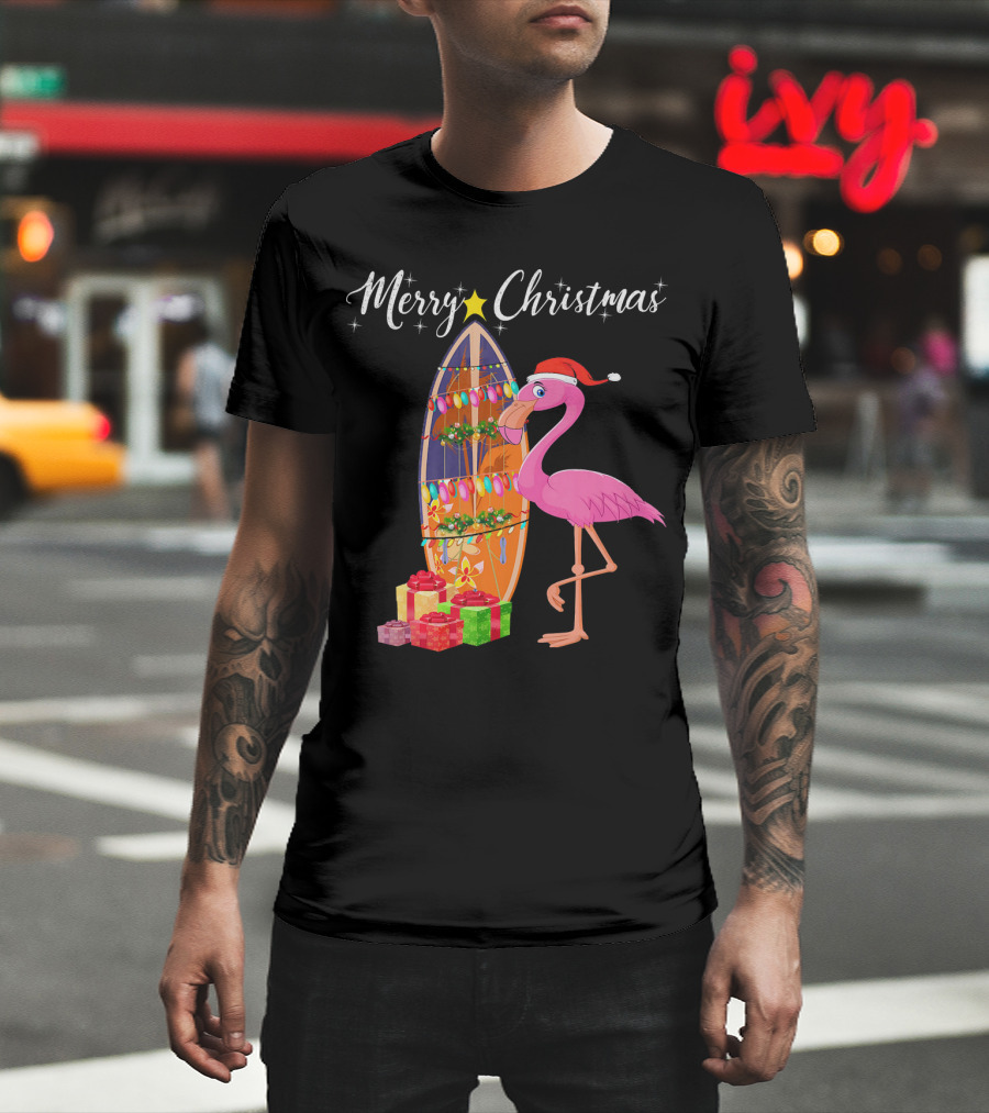 Merry Christmas Flamingo Surfboard Santa Hat Gifts T-Shirt