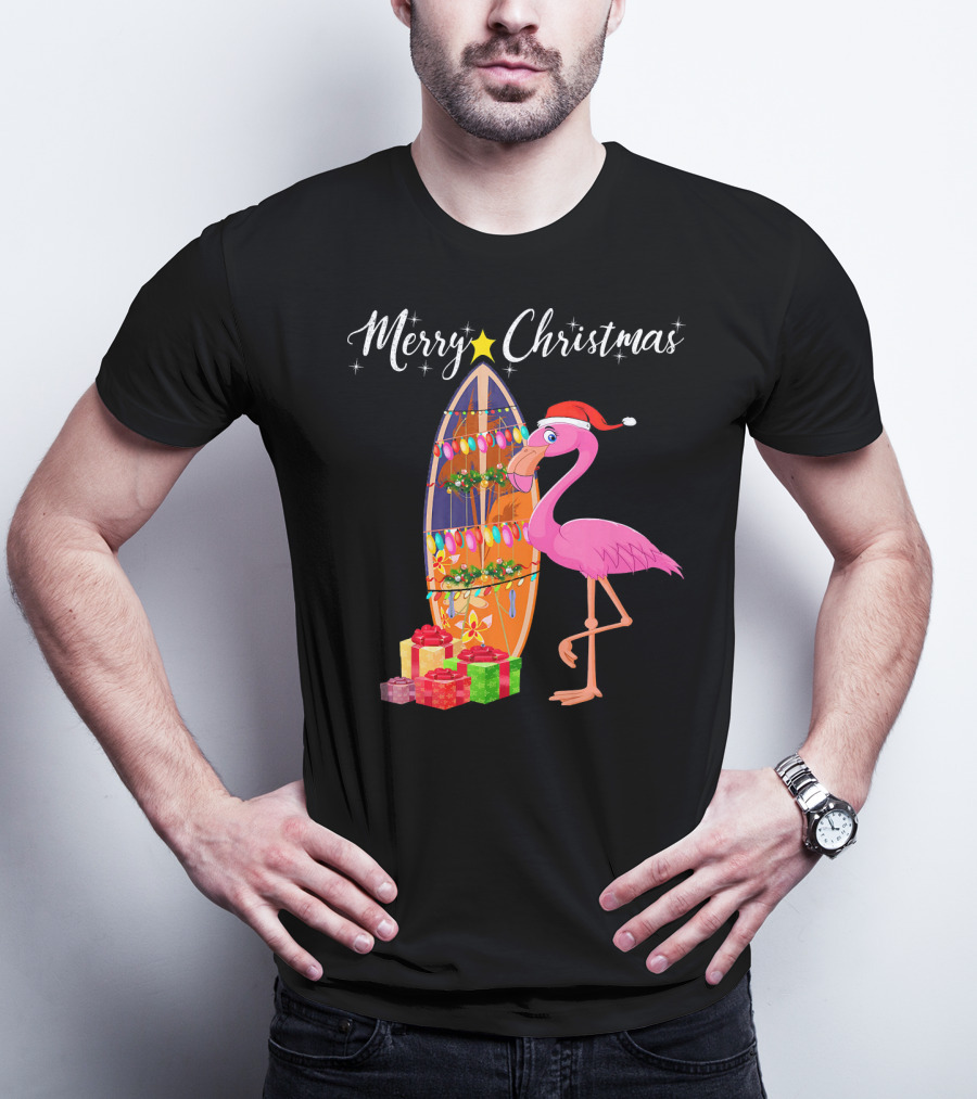 Merry Christmas Flamingo Surfboard Santa Hat Gifts T-Shirt
