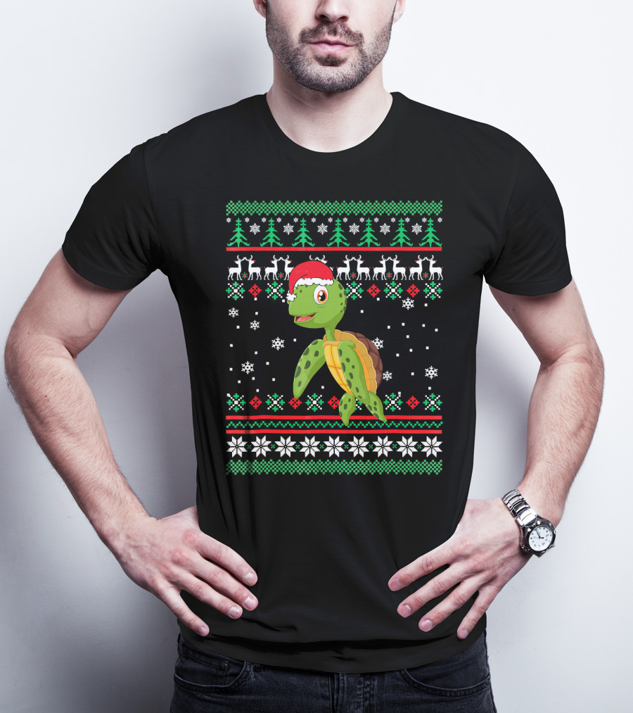 Sea Turtle With Santa Hat Christmas Sweater Pattern Snowflakes Reindeer Trees T-Shirt